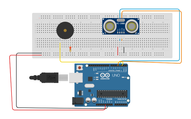 Circuit design Sensor ultrasonico y buzzer - Tinkercad