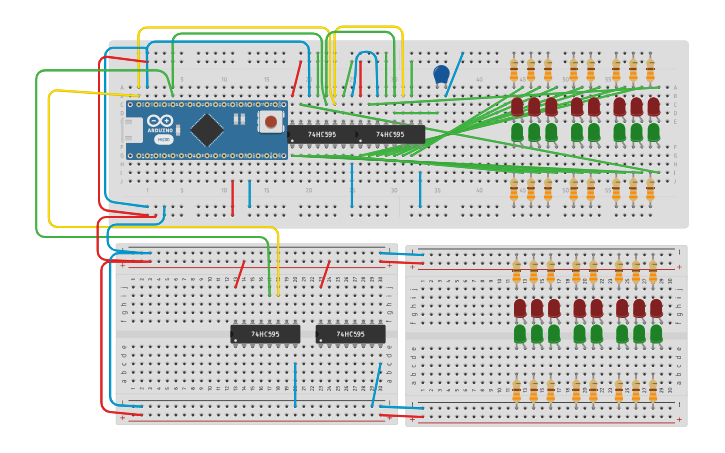 Circuit design 16 LEDs 2x74HC595 "shared" - Tinkercad