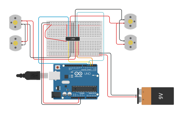 Circuit design Four DC Motors Moving Robot Car - Tinkercad