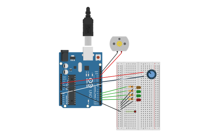 Circuit design Potentiometer, motor and LEDs - Tinkercad