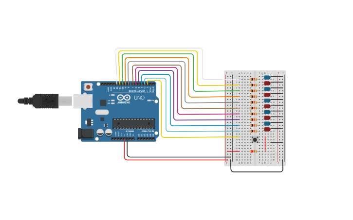 Circuit design Variable leds with push button - Tinkercad