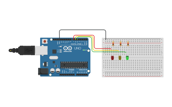 Circuit design Circuito do semáforo, acionamento de 3 leds com o arduino. - Tinkercad