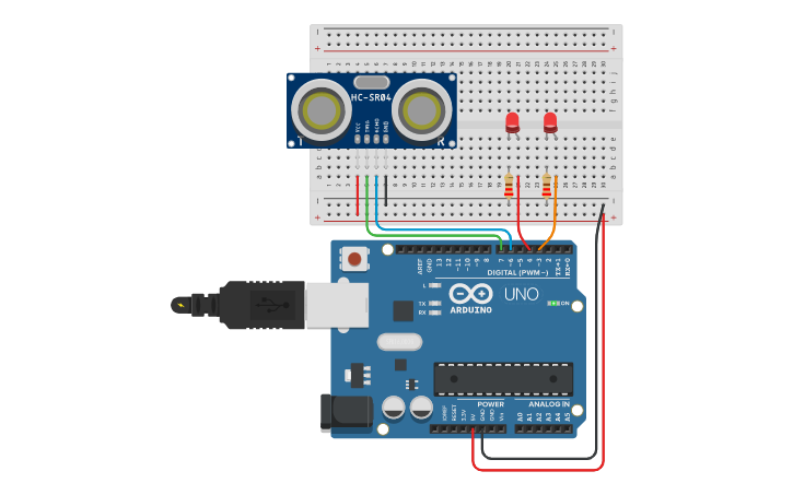 Circuit design Ultrasonic Distance Sensor LED - Tinkercad