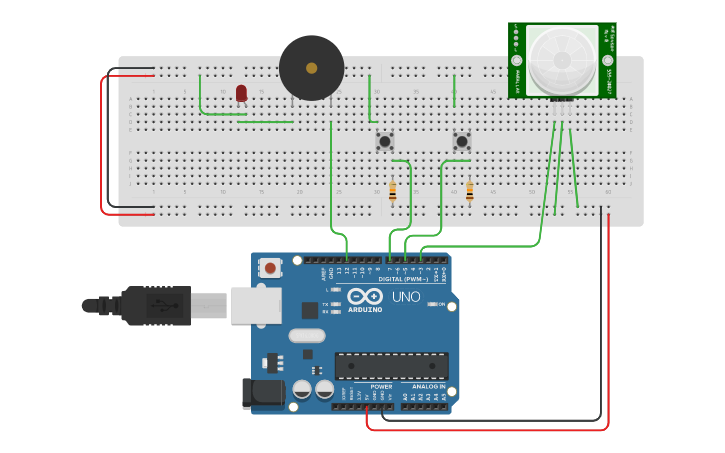 Circuit design Combined Pressure LED Buzzer/ PIR Sensor | Tinkercad