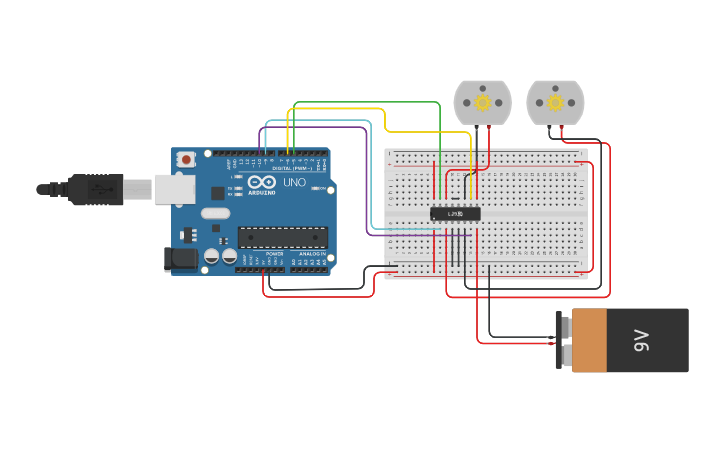 Circuit design L293D with 2 DC motors and external power | Tinkercad