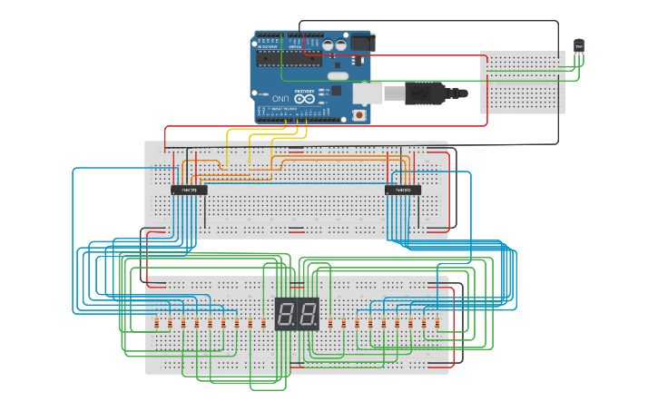 Circuit design TEMPERATURE (DHT11) - 2 SEVEN SEGMENT WITH 2 SHIFT REGISTER | Tinkercad