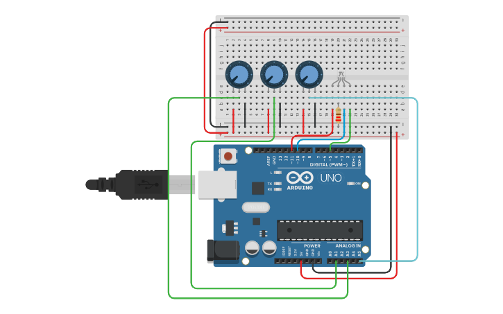 Circuit design LED RGB COM 3 POTENCIÔMETROS | Tinkercad