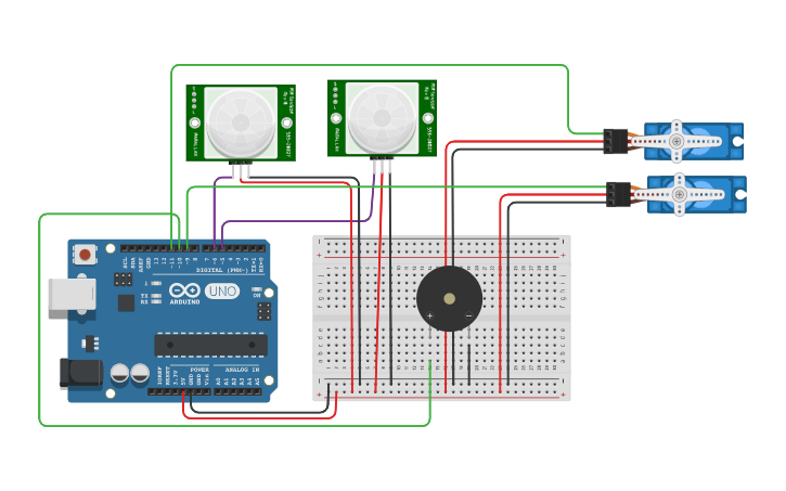 Circuit design puerta con sensor y alarma trabajo practico 9 - Tinkercad