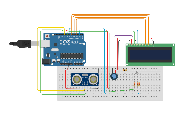 Circuit design Ultrasonic Sensor + LCD - Tinkercad