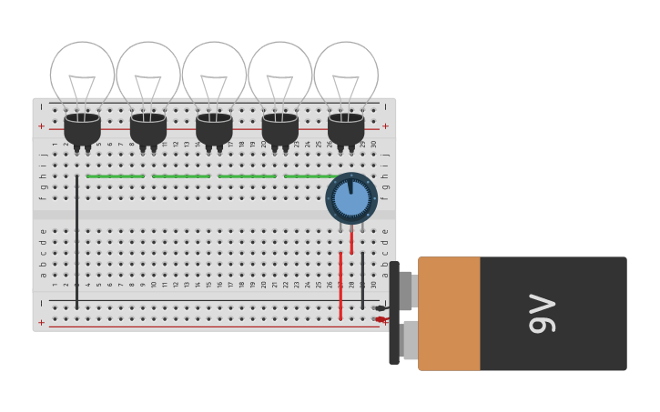 Circuit Design Controlling 5 Light Bulbs With A Potentiometer Tinkercad