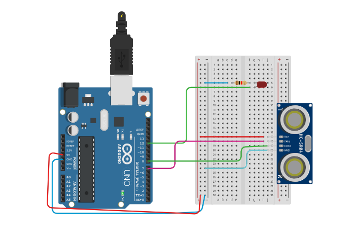 Circuit design Sensor Ultrassonico e LED - Tinkercad