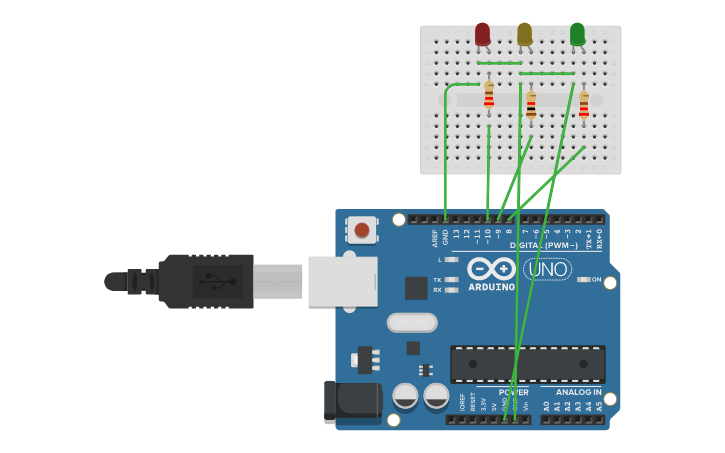 Circuit design arduino 3 led monitor seriale | Tinkercad