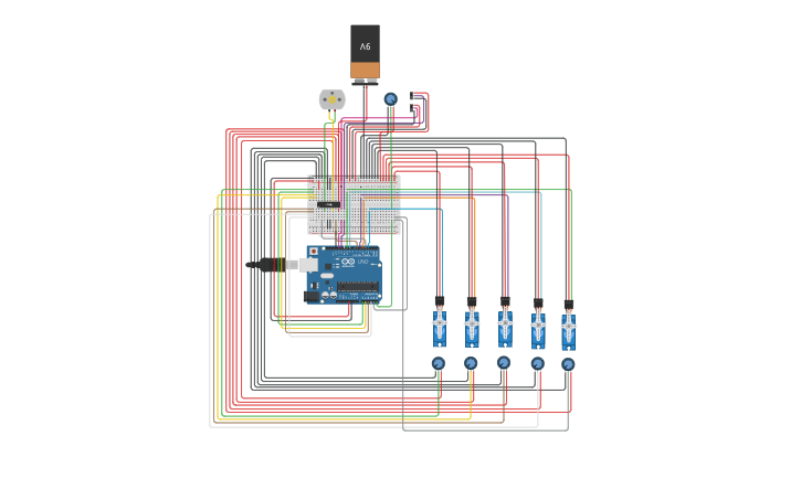 Circuit Design 5 Servo 5 Potenziometri Tinkercad
