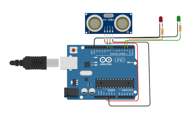 Circuit design Sensor Ultrasonico+LEDS_ROJO-Verde | Tinkercad
