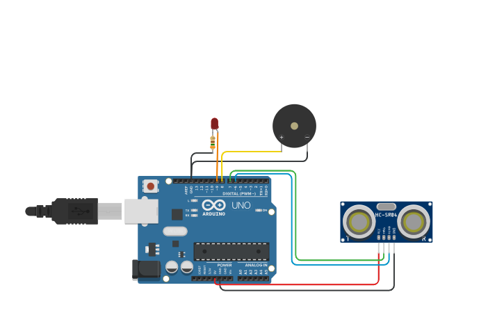 Circuit design Ultrasonic Sensor with LED and Buzzer - Tinkercad