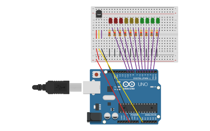 Circuit Design Sensor De Temperatura Con Ledes Tinkercad