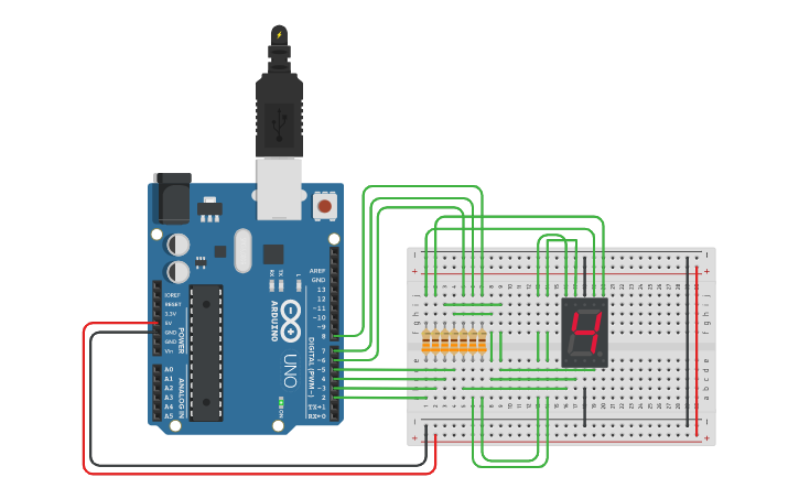 Circuit design CAMINERO - QUIZ 02 - 7-SEGMENT DISPLAY (USING LOOPS) | Tinkercad