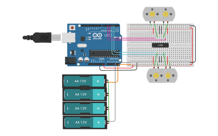 Circuit Design Faire Tourner 4 Moteurs Grâce à Un L293d Tinkercad