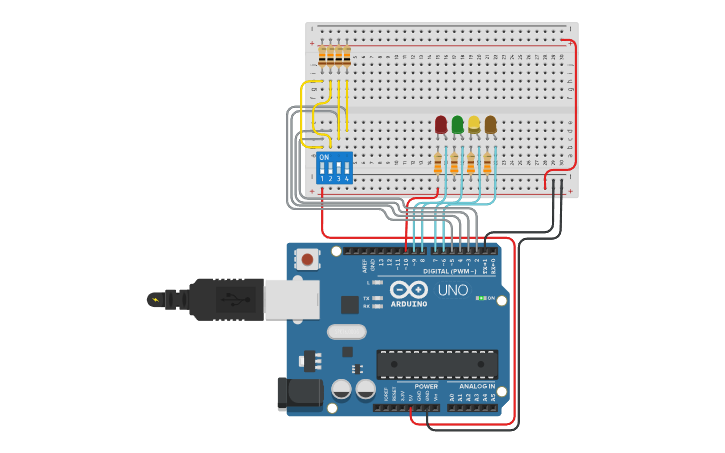Circuit design DIP SWITCH 4 LED CHAPTER6 - Tinkercad