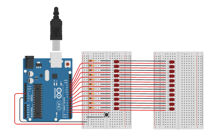 Circuit design PONT DE LED EN SERIE AVEC BOUTON | Tinkercad