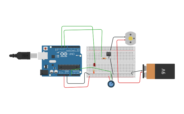 Circuit design Arduino - motor CC e potenciómetro | Tinkercad