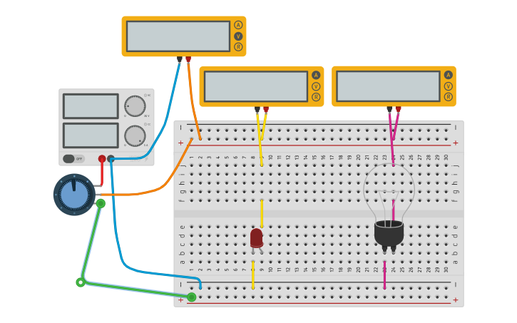 Circuit design PHY9 Kennlinie LED und Glühbirne - Tinkercad