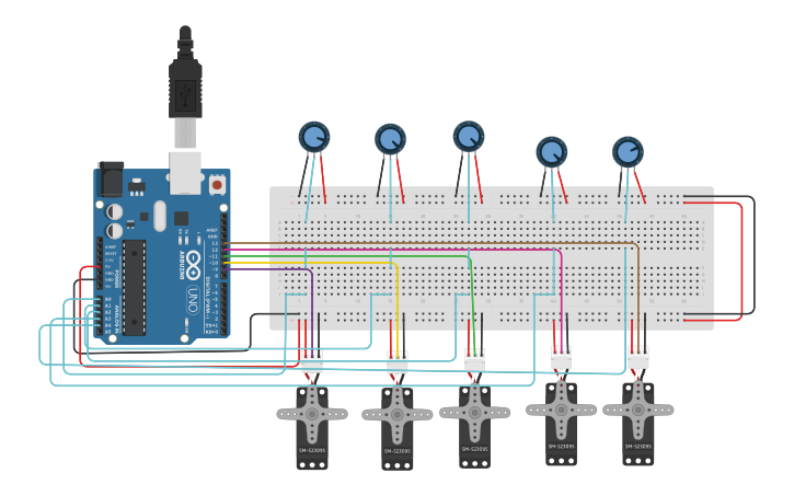 Circuit Design Controlling Five Motors With Potentiometer Tinkercad