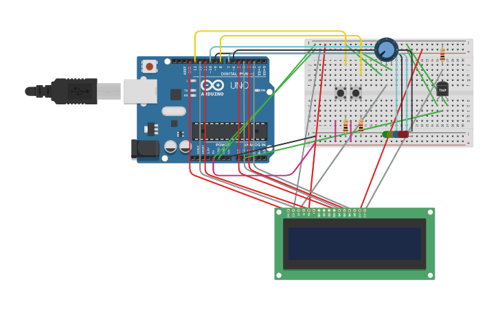 Circuit design Temperature LCD with led lights - Tinkercad