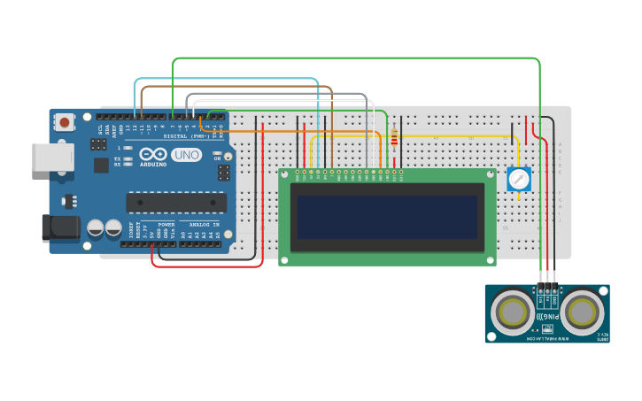 Circuit design Display LCD 16x2 + Ultrassom - Tinkercad
