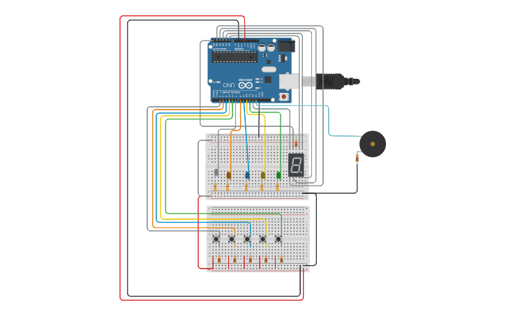 Circuit design led-pulsanti-display7seg-buzzer - Tinkercad