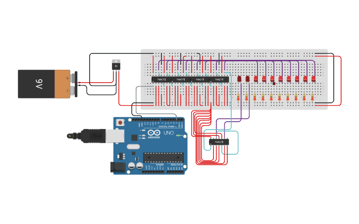 Circuit design Flip Flop [10 LEDs] [4bits] [JK] - Tinkercad
