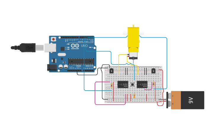 Circuit design DC motor Direction Control Via Relays - Tinkercad