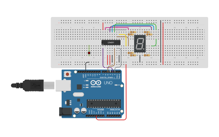 Circuit design Decodificador Display 7 segmentos con Arduino - Tinkercad