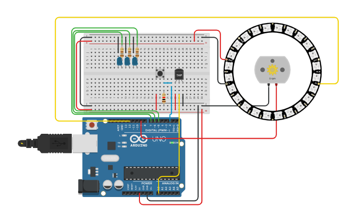 Circuit design Prototype of a dc motor fan with colored LEDs. - Tinkercad