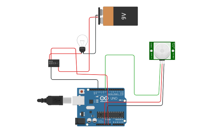 Circuit design Arduino Motion Light Sensor with 5v relay - Tinkercad