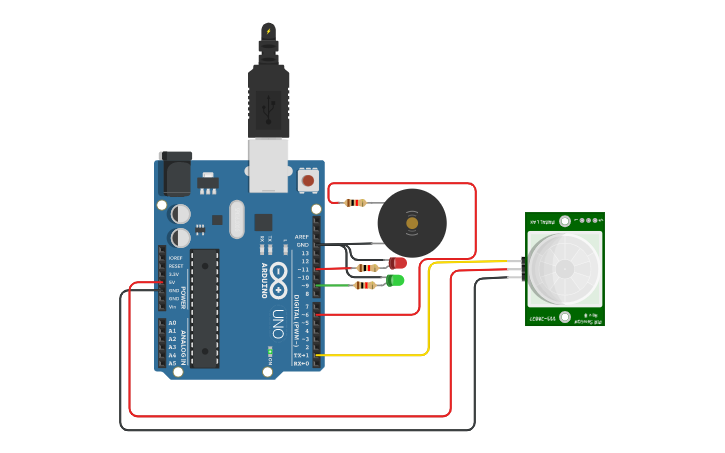 Circuit design Motion Sensor+LED - Tinkercad