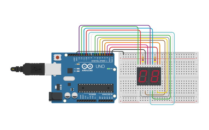 Circuit design Timer com display de 7 segmentos - Tinkercad