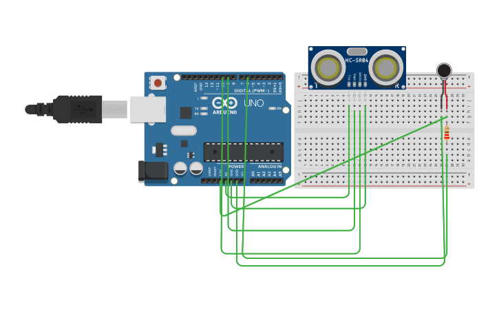 Circuit design HC-SR04 and Mini Vibration Motor | Tinkercad