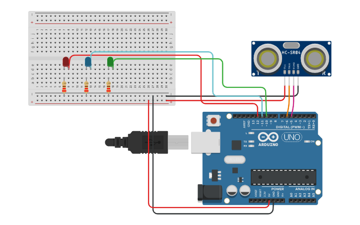 Circuit design sensor ultrasonico - Tinkercad