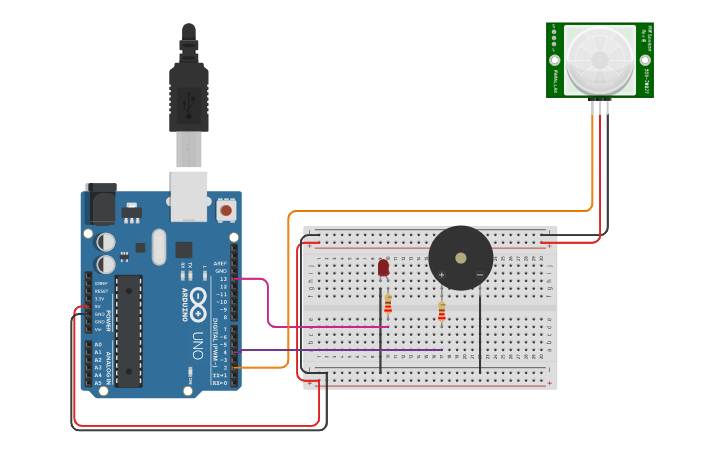Circuit design PIR sensörü ile hırsız alarmı - Tinkercad