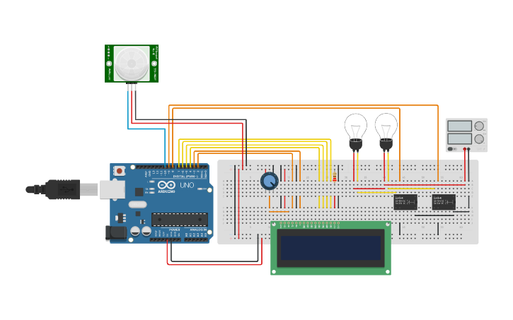 Circuit design CT 318 - CABANERO - BIT III-1 - MODULE 07 - PIR SENSOR WITH LCD - Tinkercad