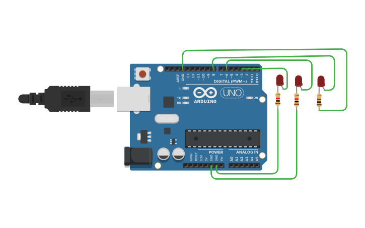 Circuit design 3 leds blink - Tinkercad