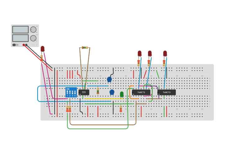 Circuit design 3-bit ripple up counter - Tinkercad