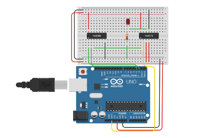 Circuit design ardiuno signal using 2 logic gates - Tinkercad