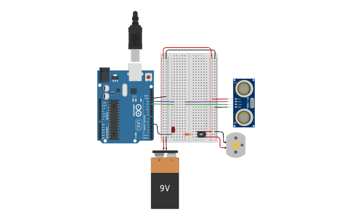 Circuit design sensor ultrasonico con motor - Tinkercad Circuit design sensor ultrasonico con motor - Tinkercad