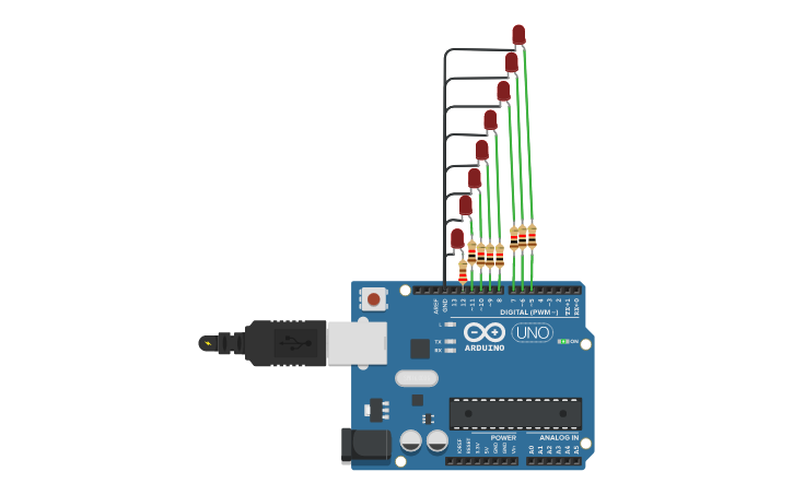 Circuit design ARRAY, prender 8 leds | Tinkercad