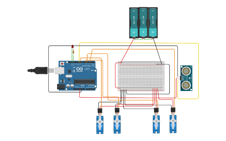 Circuit design 4 servos - Tinkercad