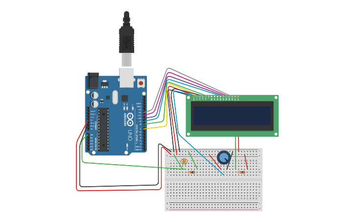 Circuit design lcd display-4 bit mode with LDR interface | Tinkercad