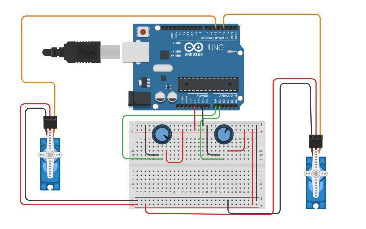 Circuit design Dois Micro Servos e Dois potenciômetros (tarefa 6) - Tinkercad