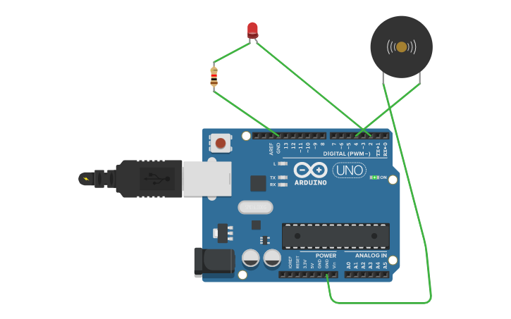 Circuit design buzzer and led | Tinkercad